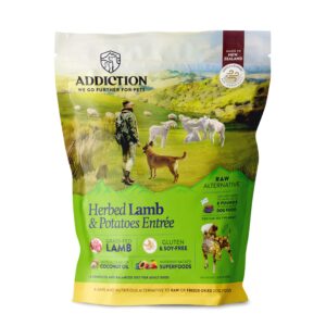 addiction herbed lamb & potatoes raw alternative dog food - gently air-dried complete meal or dog food topper for digestive and skin and coat health, 2 lb