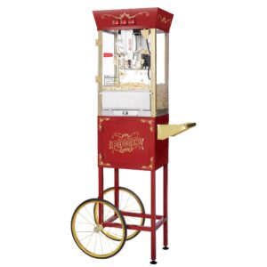 matinee popcorn machine with cart - 8oz popper with stainless-steel kettle, warming light, and accessories by great northern popcorn (red)