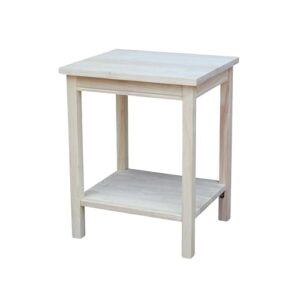 portman accent table solid parawood unfinished wood 16"w x 14"d x 20"h with shelf, small living room furniture for painting or staining, traditional end table for bedroom or entryway