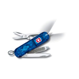 victorinox signature lite swiss army knife, compact, 7 functions, swiss made pocket knife with pressurized ballpoint pen, led and key ring - sapphire