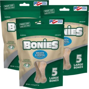 bonies breath and dental formula treats for dogs, all-natural ingredients, fresh breath, cleans teeth, low calories, chicken flavor - large 3-pack, 15 bones