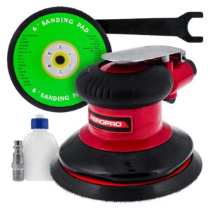 tcp global professional heavy duty 6" dual-action random orbit air palm sander with both psa and hook & loop backing pads - orbital pneumatic sanding disc sander - automotive body shop, woodworking