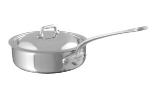 mauviel m'cook 5-ply polished stainless steel saute pan with lid, and cast stainless steel handle, 3.2-qt, made in france