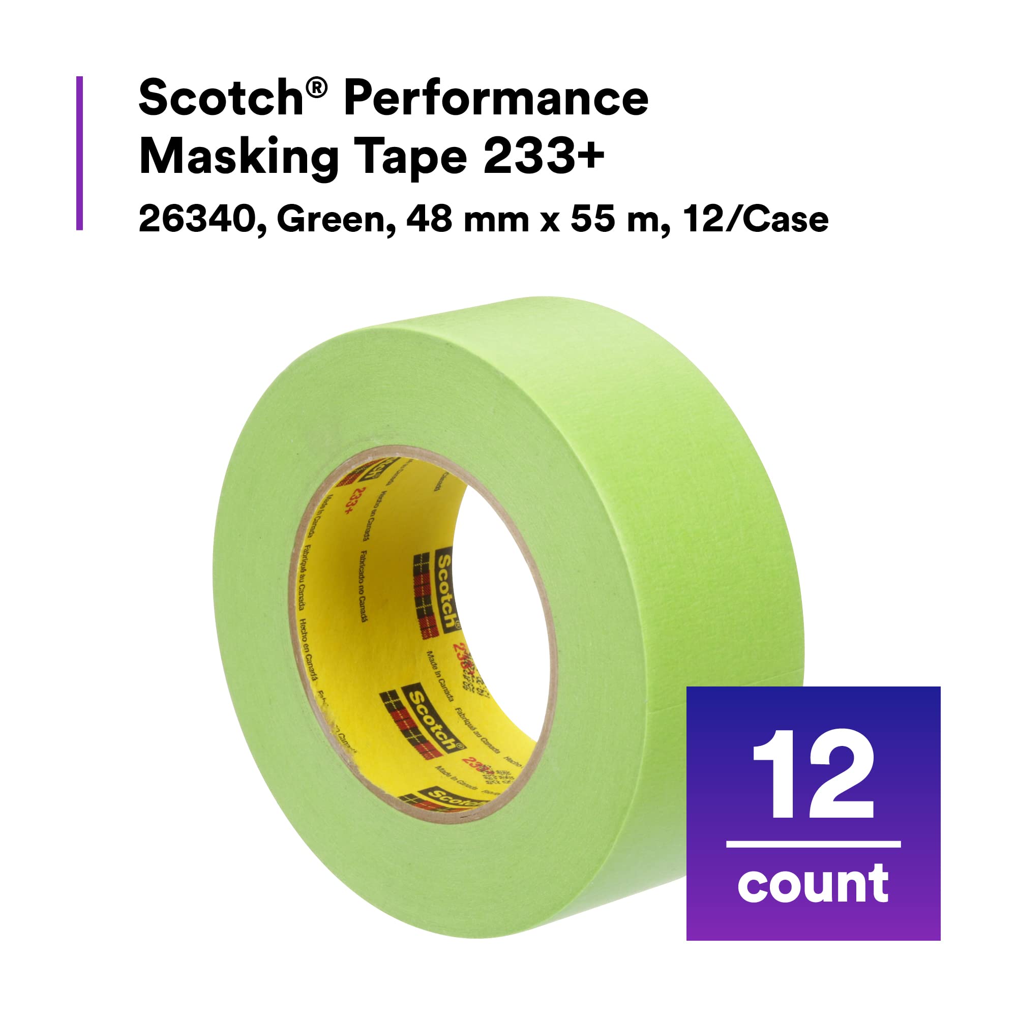 3M Scotch Performance Masking Tape 233+ 26340, Moisture Resistant, Flexible, Green Color, 48 mm x 55 m​​, 12/Case