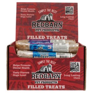 redbarn filled rolled rawhide for dogs, peanut butter flavor - premium high protein low fat chew treat - case of 24