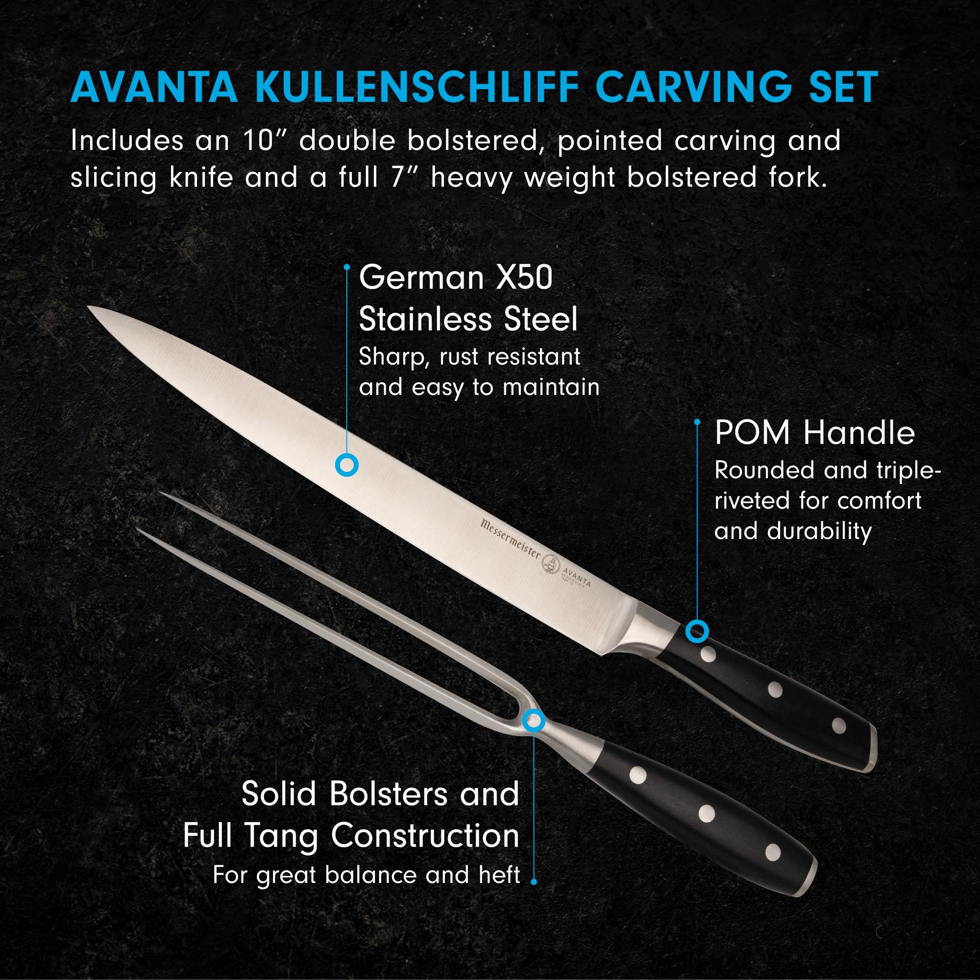 Messermeister Avanta Kullenschliff Carving Set - Includes 8” Carving & Slicing Knife + 7” Fork - German X50 Stainless Steel - Rust Resistant & Easy to Maintain