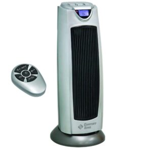 comfort zone electric oscillating ceramic tower space heater, remote, backlit digital thermostat & temperature display, timer, & overheat sensor, ideal for home, bedroom, & office, 1,500w, cz499r