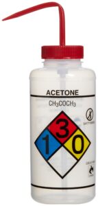 sp bel-art right-to-know safety-vented / labeled 4-color acetone wide-mouth wash bottles; 1000ml (32oz), polyethylene w/red polypropylene cap (pack of 2) (f11832-0001)