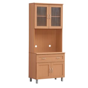 hodedah import tall standing kitchen cabinet with top and bottom enclosed cabinet space, 1-drawer, large open space for microwave in beech