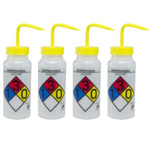 sp bel-art safety-labeled 4-color isopropanol wide-mouth wash bottles; 500ml (16oz), polyethylene w/yellow polypropylene cap (f11716-0008), natural (pack of 4)