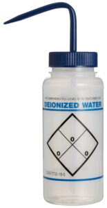 sp bel-art safety-labeled 2-color deionized water wide-mouth wash bottles; 500ml (16oz), polyethylene w/blue polypropylene cap (f11646-0631), natural, (pack of 6)