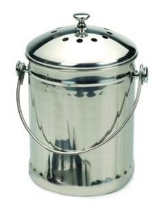 rsvp international endurance (pail-sm) stainless steel compost pail with charcoal filters, 1/2 gallon | keep food scraps & organic waste for soil | 2 charcoal filters for odor control | dishwasher safe