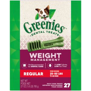 greenies weight management regular natural dog dental care chews weight control dog treats, 27 oz. pack (27 treats)