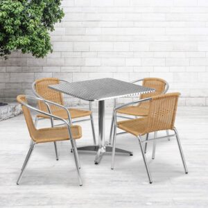 flash furniture 31.5'' square aluminum indoor-outdoor table set with 4 beige rattan chairs