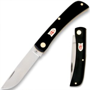 kissing crane black pocket farmer knife | 3" stainless steel blade | synthetic handle | brass liners | 3 5/8" closed