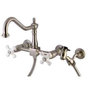 kingston brass ks1248pxbs heritage wall mount bridge kitchen faucet sprayer, antique brass