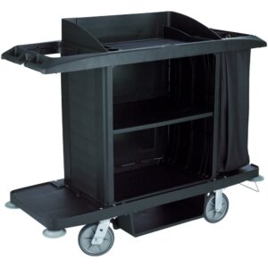 rubbermaid commercial products housekeeping cart, full size, black, 3 shelves, cleaning organization and supplies storage, maid cart for hotel/motel/commercial facilities