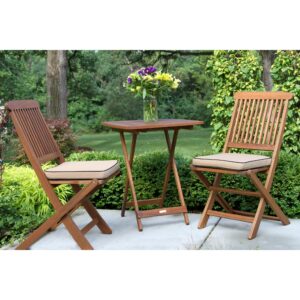 outdoor interiors eucalyptus wood 3-piece square foldable bistro outdoor furniture patio set, table and 2 chairs with cushions, beige