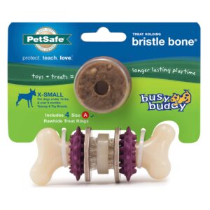 petsafe busy buddy bristle bone dog toy - treat-holding toy for small dogs - treat rings included - rigorously tested ingredients - purple, extra small (bb-bri-bn-xs)