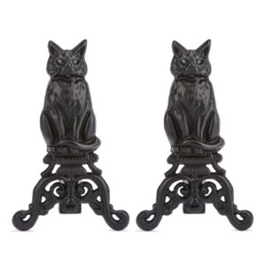 uniflame, a-1251, black cast iron cat fireplace andirons with reflective glass eyes