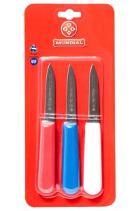 mundial 3-1/4-inch paring knife collection, set of 3, red, blue and white