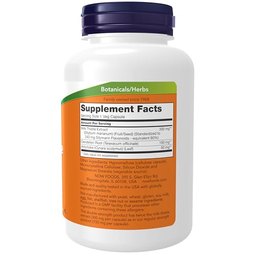 NOW Foods Supplements, Silymarin Milk Thistle Extract 300 mg with Artichoke and Dandelion, Double Strength, Supports Liver Function*, 200 Veg Capsules