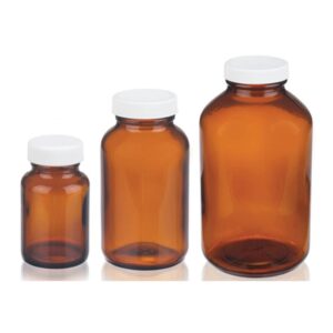 wheaton w216946 wide mouth packer bottle, amber glass, capacity 2oz with 33-400 white polypropylene ptfe faced polyethylene screw cap, diameter 44mm x 75mm (case of 24)