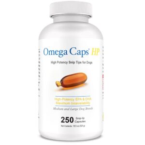 omega-caps high potency snip tips for medium to large breeds-vet formulated for healthy radiant skin & coat. contains omega 3 for joint & immune system support, easy to dose soft gel capsules 250 ct.