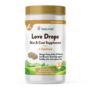 naturvet love drops plus omegas skin & coat supplement for dogs and cats – for dog skin, cat coats – includes brewer’s dried yeast, omega-3, omega-6 – peanut butter flavor – 200 ct.