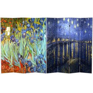 red lantern 6 ft. tall double sided works of van gogh canvas irises/starry night over rhone room divider, 6 foot - 4 panel, blue