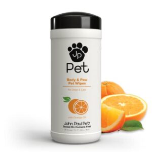 body and paw pet wipes for dogs and cats, 2-in-1, infused with aloe and orange oil, soothe and cleans, 45 count