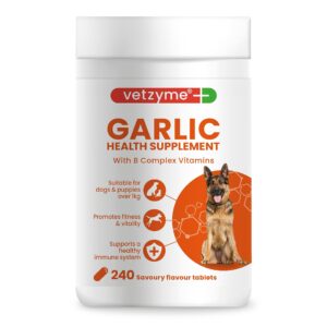 vetzyme garlic health supplement tablets for dogs, healthy heart, vitality for dogs, 240 tablets