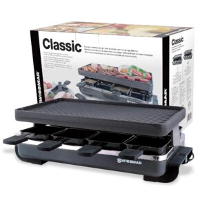 swissmar classic 8-person raclette party grill - indoor electric grill & griller with reversible cast iron grill plate/crepe top - anthracite black