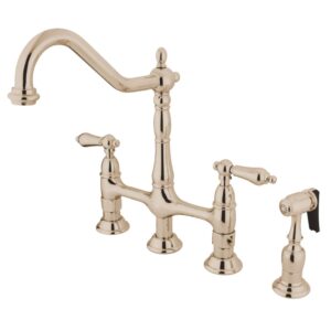 kingston brass ks1276albs heritage bridge kitchen faucet, polished nickel, 13.88 x 8.56 x 13.13