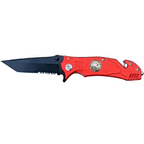 CKB Products Folding Knife - Firefighter Design - 3" Hardened Black Stainless Steel Blade - Seat Belt Cutter, Glass Breaker - 8 1/8" Open, 4 1/2" Closed