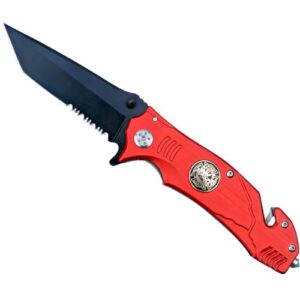 ckb products folding knife - firefighter design - 3" hardened black stainless steel blade - seat belt cutter, glass breaker - 8 1/8" open, 4 1/2" closed