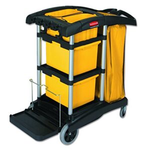 rubbermaid commercial products high-capacity janitorial cleaning cart with bins, black, zippered vinyl bag and wheels, transport cleaning supplies in school/facility