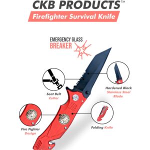 CKB Products Folding Knife - Firefighter Design - 3" Hardened Black Stainless Steel Blade - Seat Belt Cutter, Glass Breaker - 8 1/8" Open, 4 1/2" Closed