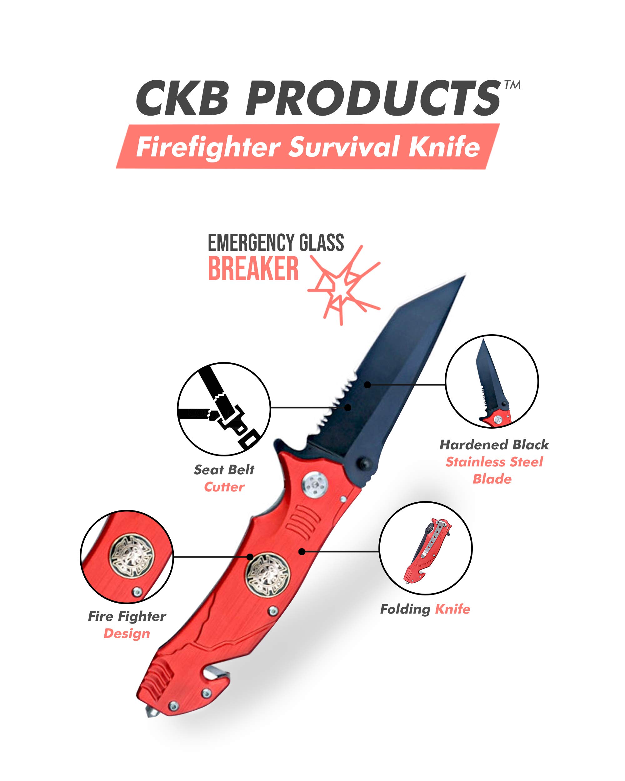 CKB Products Folding Knife - Firefighter Design - 3" Hardened Black Stainless Steel Blade - Seat Belt Cutter, Glass Breaker - 8 1/8" Open, 4 1/2" Closed