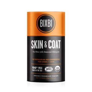 bixbi dog & cat skin & coat support, 2.12 oz (60 g) - all natural organic pet superfood - daily mushroom powder supplement - usa grown & usa made - veterinarian recommended for dogs & cats