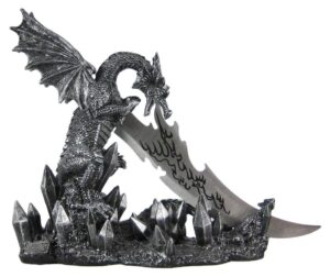 wicked fire dragon fantasy letter opener knife dagger and holder base,polyresin