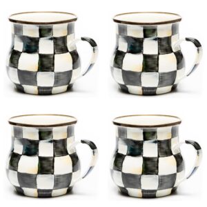 mackenzie-childs enamel mug, cute enamelware coffee and tea mug, unique drinkware, 16 ounces, black-and-white courtly check, set of 1