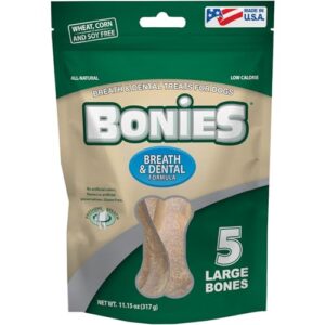 bonies natural breath and dental formula large-sized single bone - all-natural ingredients, fresh breath, cleans teeth, low calories, chicken flavor, 5 bones