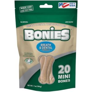 bonies natural breath and dental formula treats for dogs, made in usa - all natural - freshens breath - low calories - for dog chicken flavor, 20 mini bones