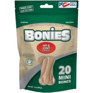 bonies hip and joint formula treats for dogs, glucosamine and omega fatty acids, fresh breath, clean teeth, low calories, chicken flavor, mini, 20 bones