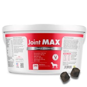 joint max ts joint supplement vet formulated pain & inflammation relief treats hip dysplasia & arthritis.glucosamine, chondroitin, turmeric, msm, ha, creatine, omega 3 epa+dha. all dogs 240 soft chews