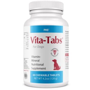 vita-tabs - essential vitamins, minerals, nutrients - health supplement for dogs - support immune system, bones - liver flavored - 60 chewable tablets