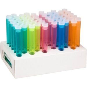 50 piece assorted color plastic test tube set with caps and cardboard rack