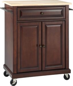 crosley furniture compact wood top small rolling cart with shelves, microwave stand with towel rack, mahogany