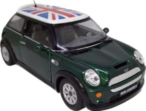 kinsmart mini cooper s 5" 1:28 scale die cast metal model toy car british flag green w/pullback action